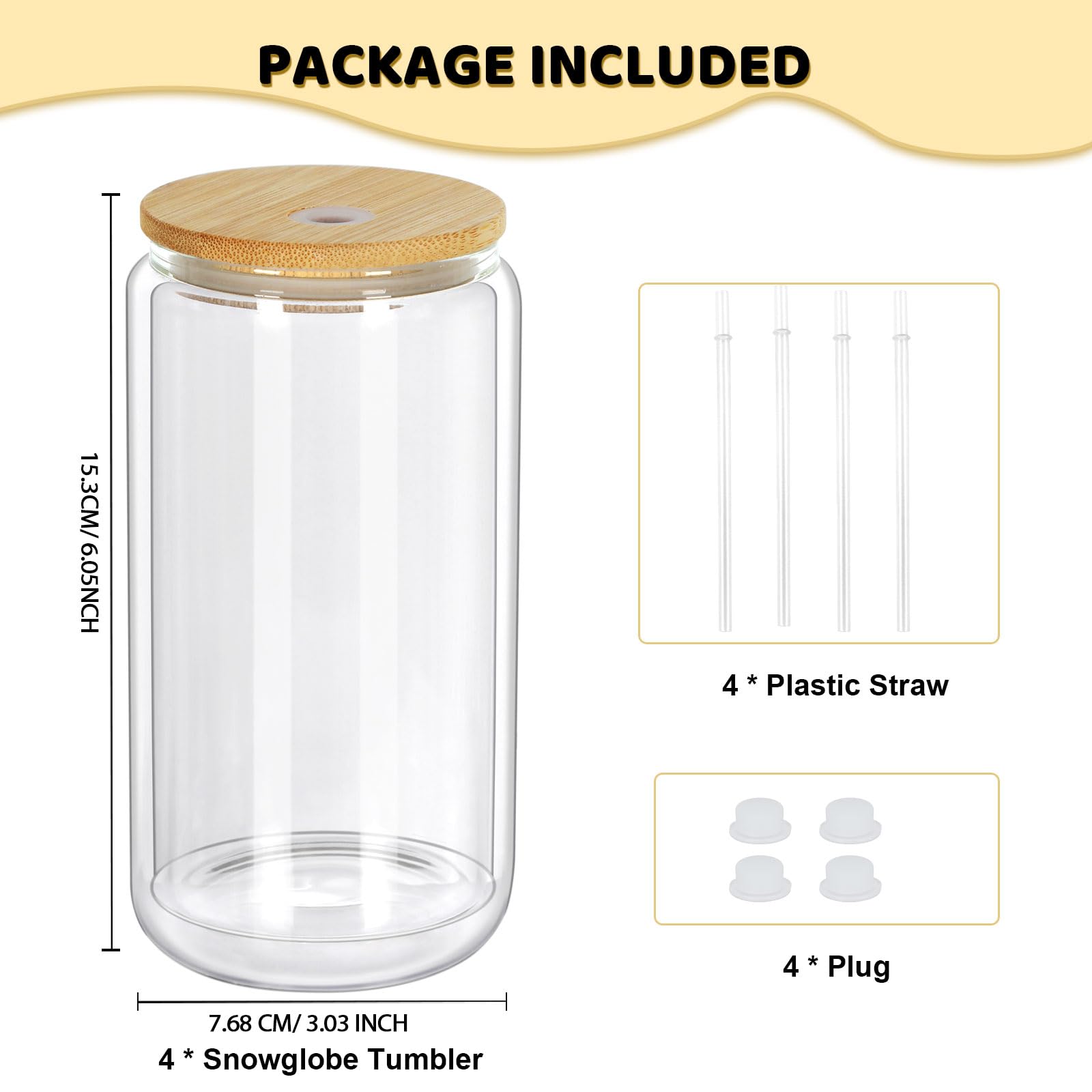 Maucircol 16 Oz Snow Globe Tumbler, 4 Pack Pre-Drilled Sublimation Glass Cup For Glitter Snow Globe Diy, Double Wall Sublimation Glass Tumbler