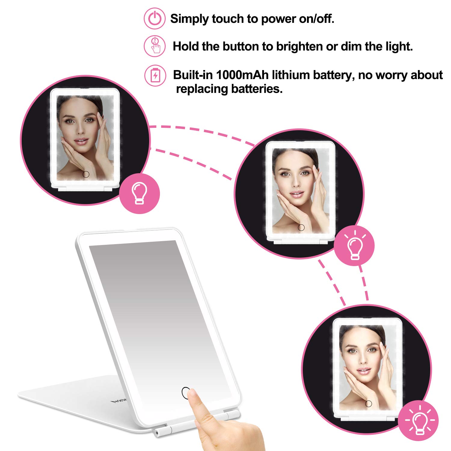 deweisn LED Tabletop Mount Makeup Mirror for Travel, 32 LEDs Lighted Vanity Mirrors with Dimmable Lighting,Compact, Slim, Rechargeable Folding Lighted Mirror for Beauty (White)