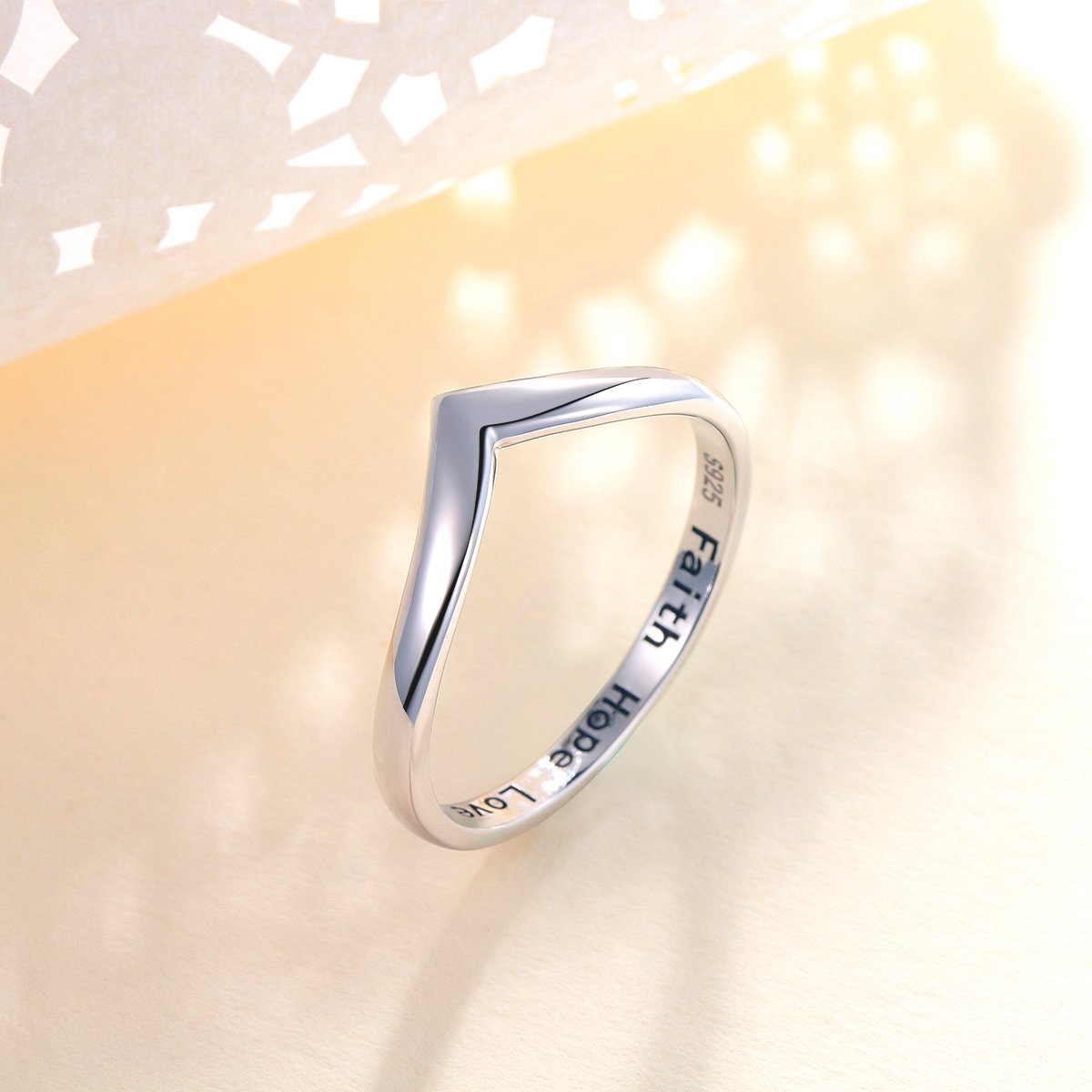 DAOCHONG S925 Sterling Silver Inspirational Jewelry Engraved Faith Hope Love Chevron Thumb Ring V Shape Ring Size 7