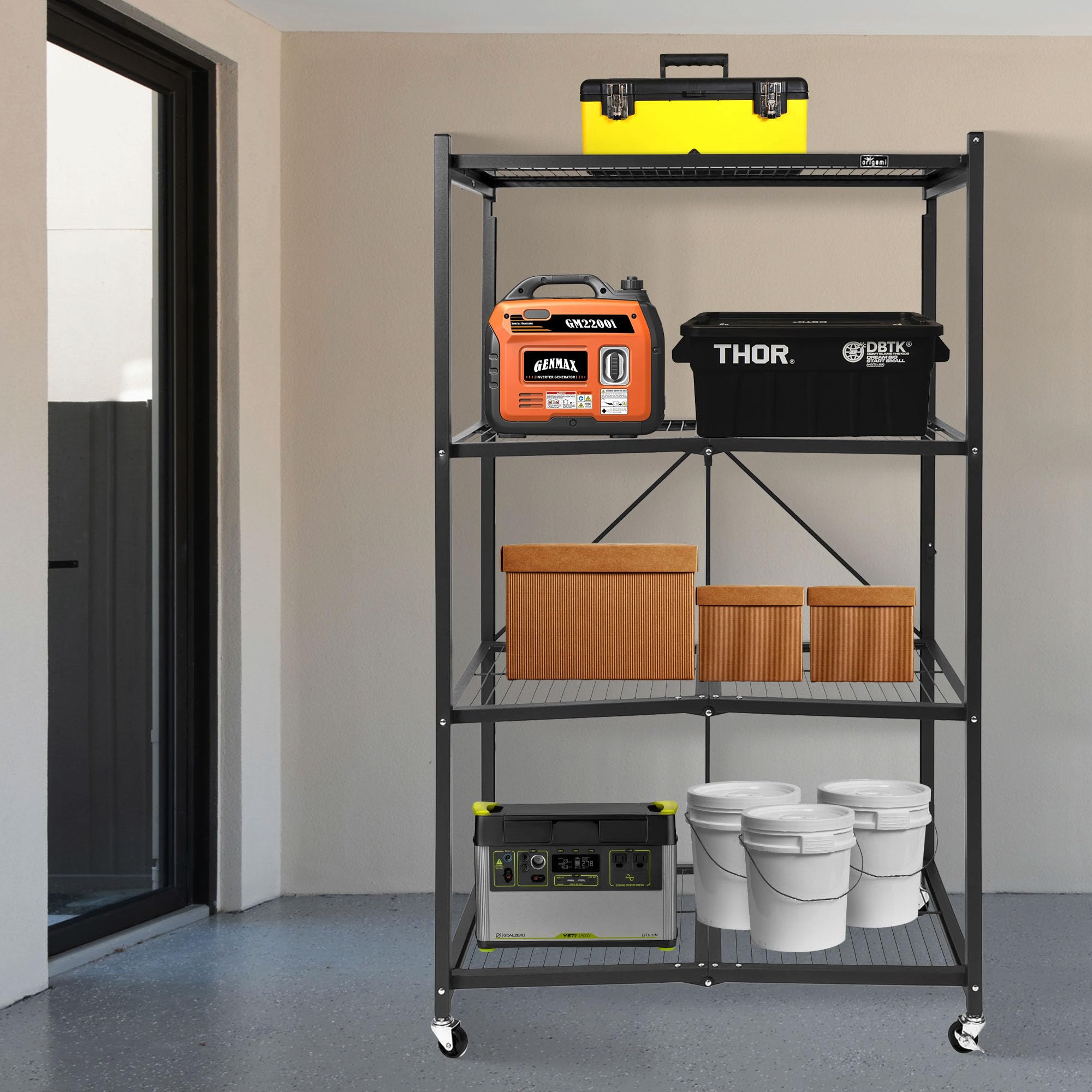 Origami R5 4 Tier Foldable Heavy Duty Metal Storage Rack with Wheels Holds Up to 1,000 Pounds for Kitchen, Garage, or Garden Storage, Black, Renewed