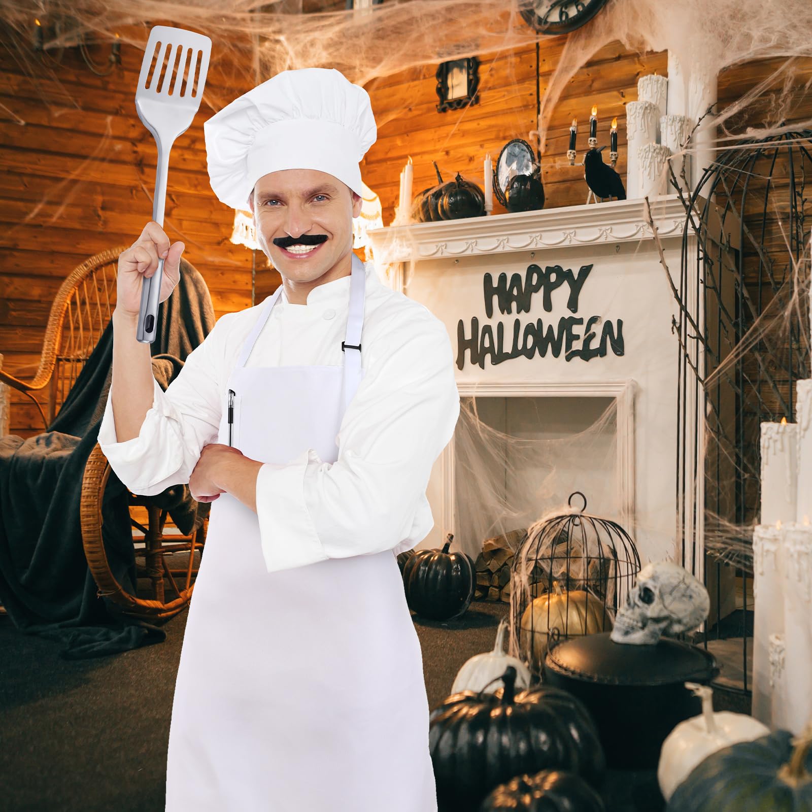 Mepase 6 Pcs Black Mustache Set Kitchen Cooking Slotted Spatula Black Ink Pens Bib Aprons with Pocket for Halloween Cosplay Costume