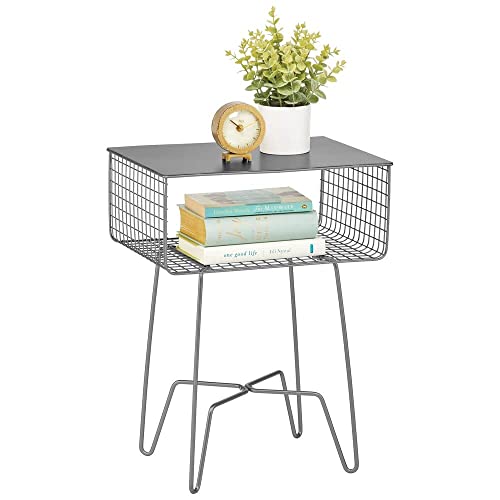 mDesign Steel Side Table with Storage, Metal Nightstand or Wire Side Table, Modern Vintage Furniture or Industrial Home Accents for Bedroom, Living Room, or Office, Concerto Collection, Graphite Gray