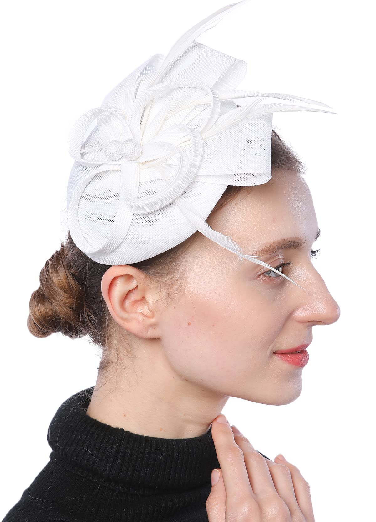 Coolwife Womens Fascinator Hat Sinamay Pillbox Flower Feather Tea Party Derby Wedding Headwear (A White)