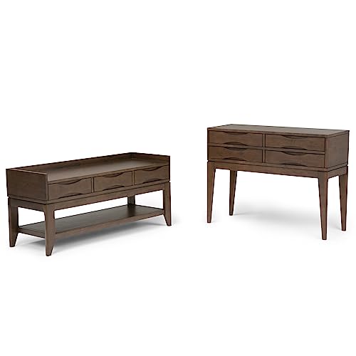SIMPLIHOME Harper SOLID WOOD 40 inch Wide Mid Century Modern Hallway Console Sofa Entryway Table in Walnut Brown with Storage, 4 Drawers , for the Living Room, Entryway and Bedroom