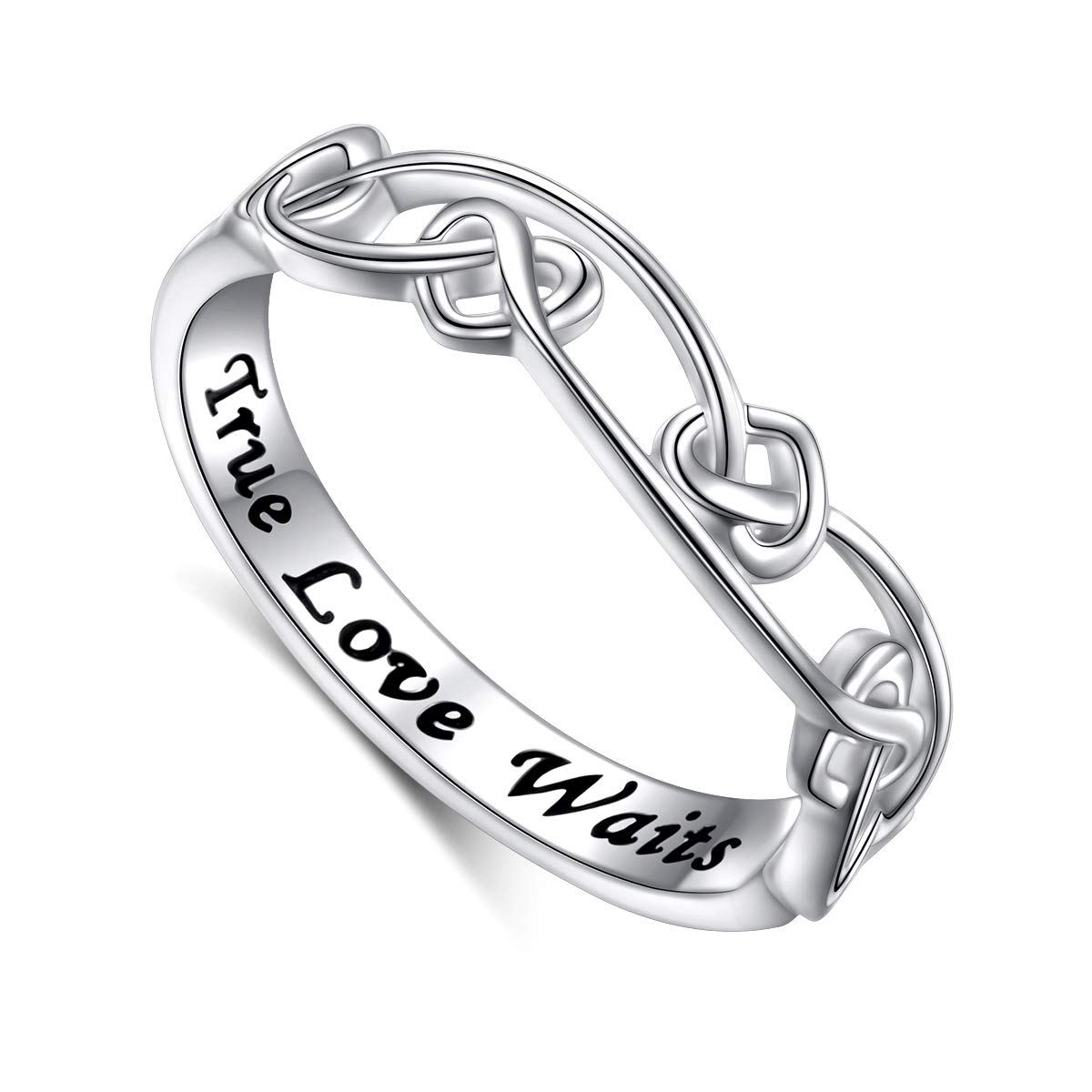 DAOCHONG S925 Sterling Silver Engraved True Love Waits Celtic Love Knot Ring for Women Girlfriend Wife Wedding Engagement Ring Size 7
