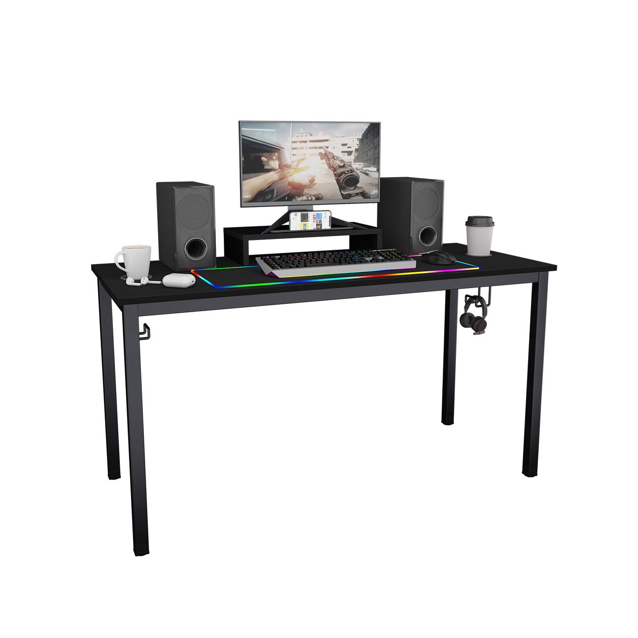 DlandHome Gaming Computer Desk with RGB LED Mouse Pad, 55 inches Gaming Table/Workstation with Display Stand, ND14 Pro, Black and Black Legs