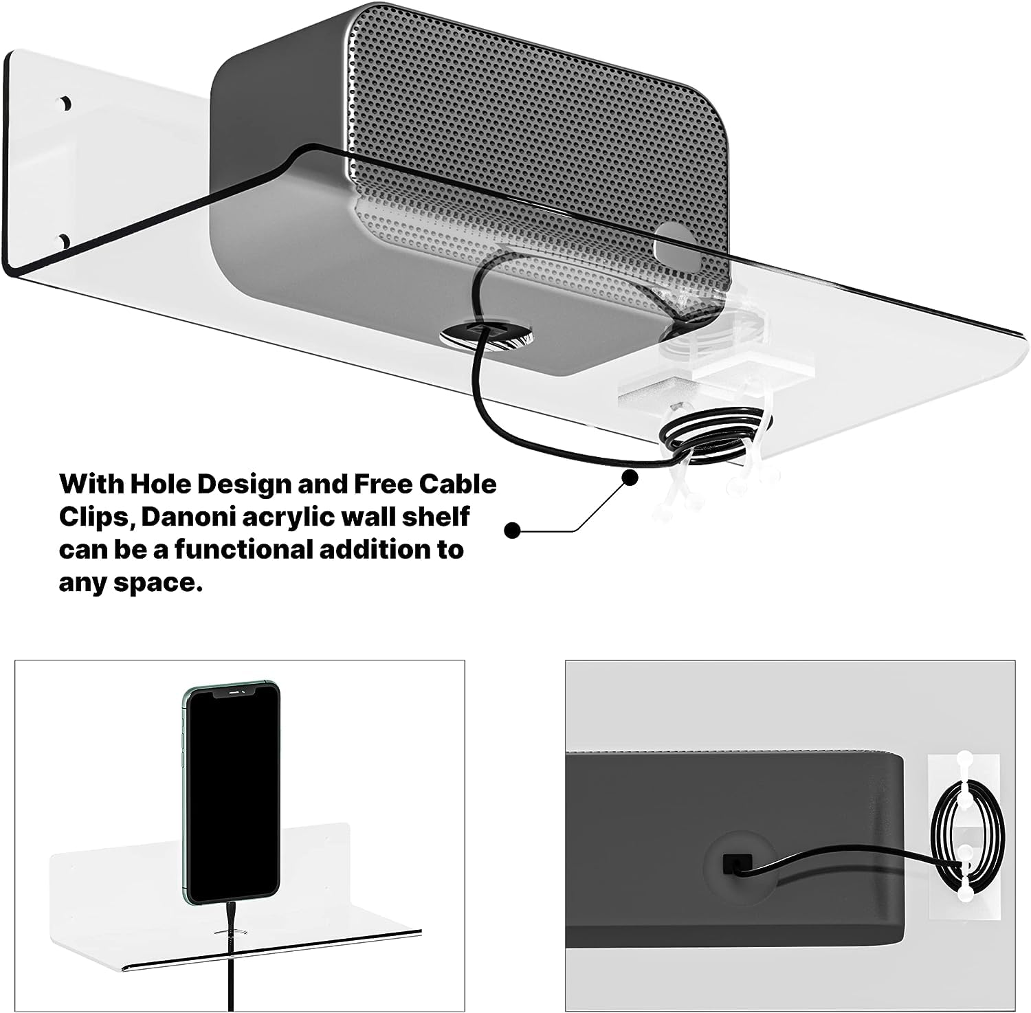 Clear Acrylic Floating Shelves 4 Pack, 9.4'' Wall Mounted Shelves for Bedroom, Bathroom, Living Room, Gaming Room with Free Tool and Accessories