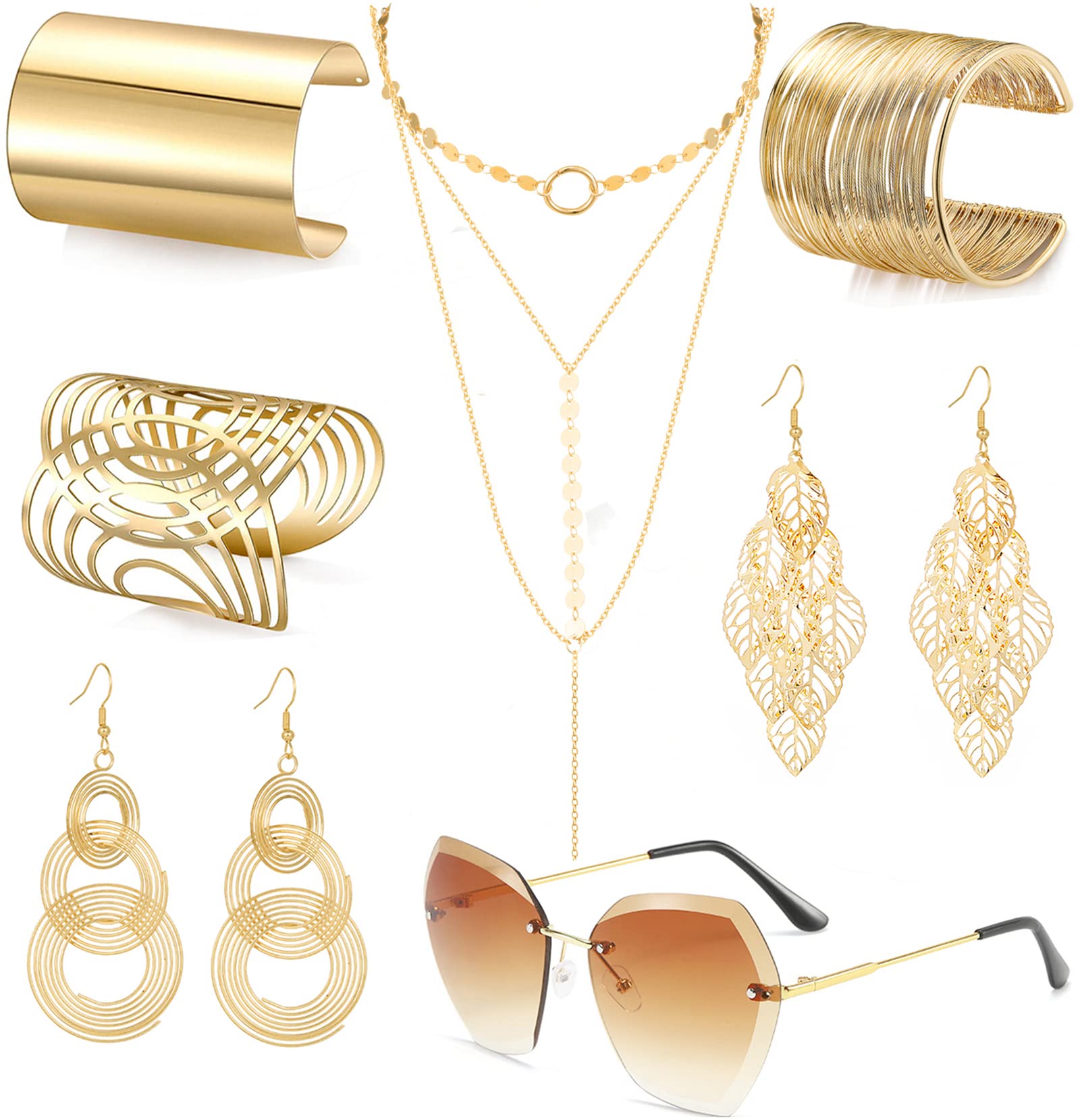 FIRAZIO 7 Pieces 70s Disco Accessories Costume Jewelry Set For Women Rimless Diamond Cutting Sunglasses Gold Cuff Bangle Bracelet Layered Choker Necklace Disco Earrings