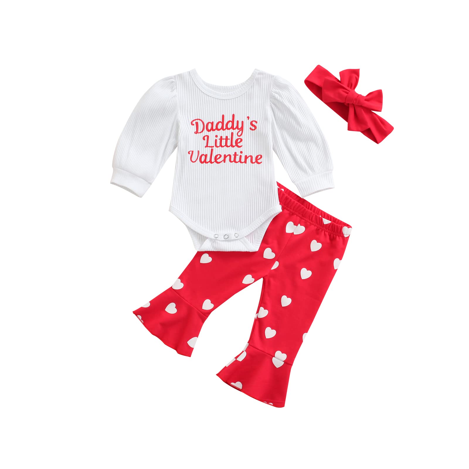 Sunwittafy Toddler Baby Girl Daddy's Little Valentine Clothes Letter Romper Puff Sleeve Romper Heart Print Flared Pants Headband