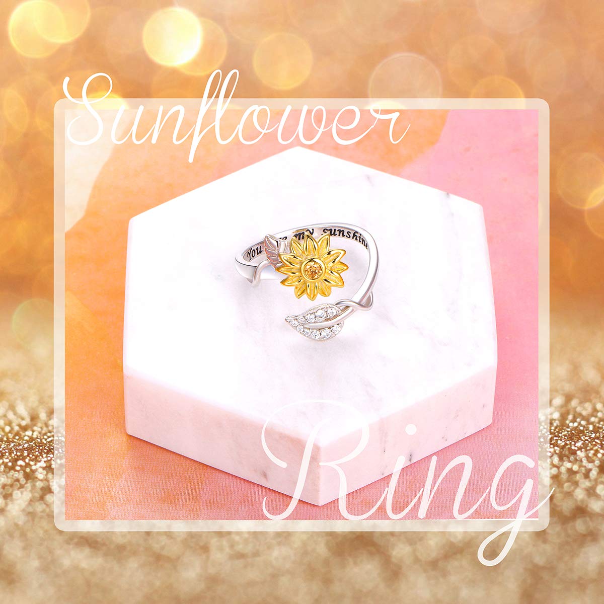 DAOCHONG Sterling Silver You are My Sunshine Sunflower CZ Heart Ring Adjustable Size 5-9 (7)
