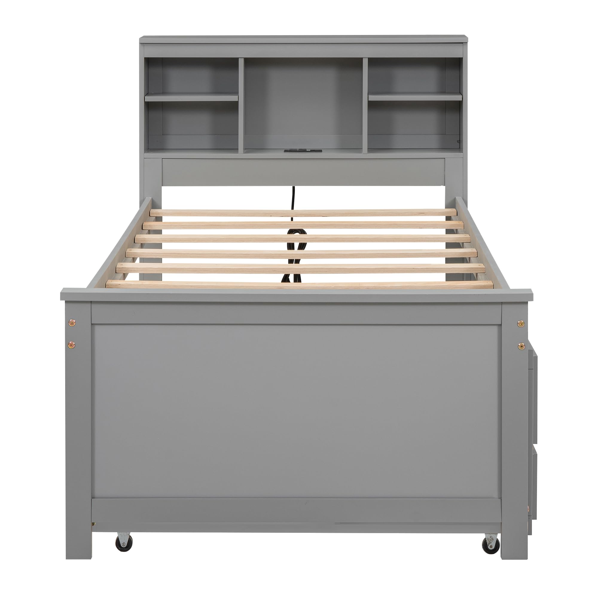 LUSPAZ Full Size Platform Bed Frame with Storage Headboard, USB Charging Station, Twin Size Trundle and 3 Drawers for Bedroom and Apartment, Wood Bed Frame, No Box Spring Required,Easy Assembly,Gray