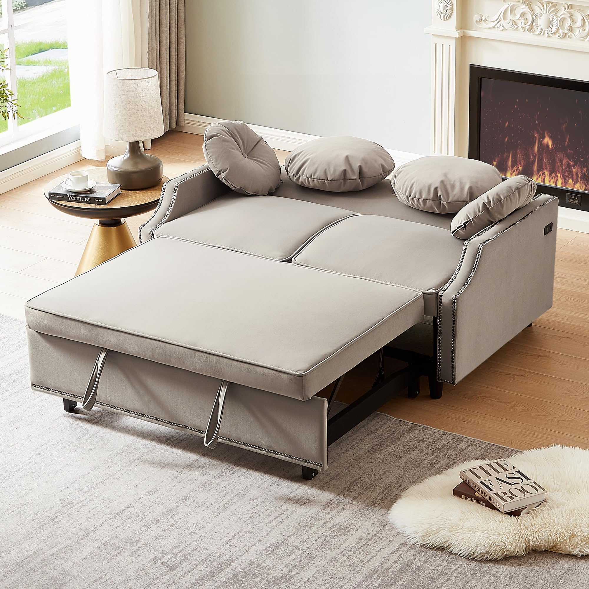 Merax 54.7" Loveseat Sofa Couch with Pull Out Bed, 3 in 1 Convertible Bella Fabric Sleeper Sofa Bed with Two USB Ports, and 2 Floral Lumbar Pillows for Apartment, Office, Living Room (Coffee)