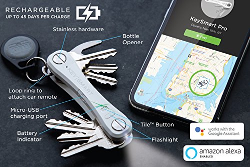KeySmart Pro - Compact Smart Key Holder w LED Flashlight & Tile Bluetooth, EDC Key Organizer, Attach Car Key Fob, Other Mini Tools & Accessories (up to 10 Keys, White) - Discontinued