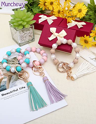 Silicone Key Ring Bracelet for Women, Elastic Beaded Wristlet Keychain Key Holder for Mother’s Day Gift(Grey/Black)