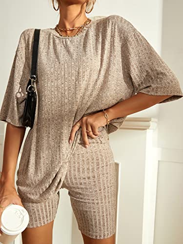 WDIRARA Women's 2 Piece Outfits Ribbed Short Sleeve Drop Shoulder Tee And Shorts Set Khaki M