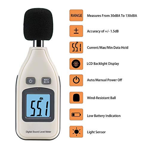 Decibel Meter Sound Meter 30-130 dB Noise Meter Max/Min/Data Hold Sound Level Reader LCD Display Auto Backlight Digital Sound Level Meter Flashlight Audio Noise Volume Measuring Monitoring Instrument