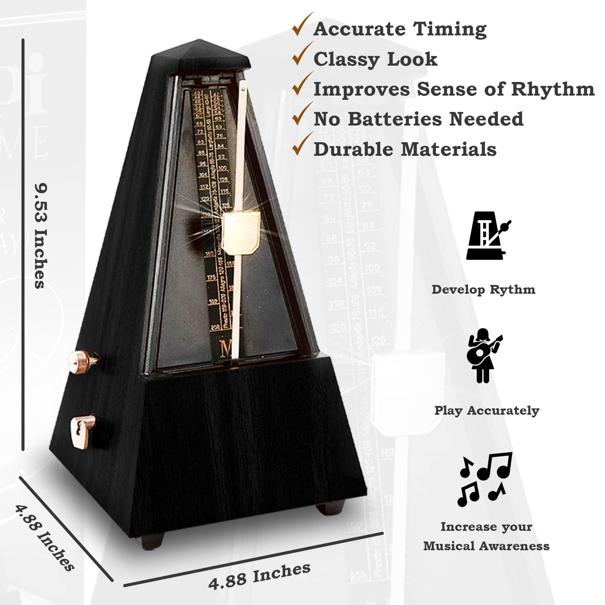 Tempi Mechanical Metronome for Musicians - 2-Year Warranty - Metronome for Piano/Guitar/Violin, Metronome Music for Adults and Kids (Molded Black Grain Veneer)