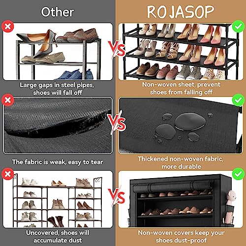 ROJASOP 10 Tier Shoe Rack with Covers,Large Capacity Stackable Tall Shoe Shelf Storage to 50-55 Pairs Shoes and Boots Sturdy Metal Free Standing Shoe Rack Organizer for Closet Entryway Garage Bedroom