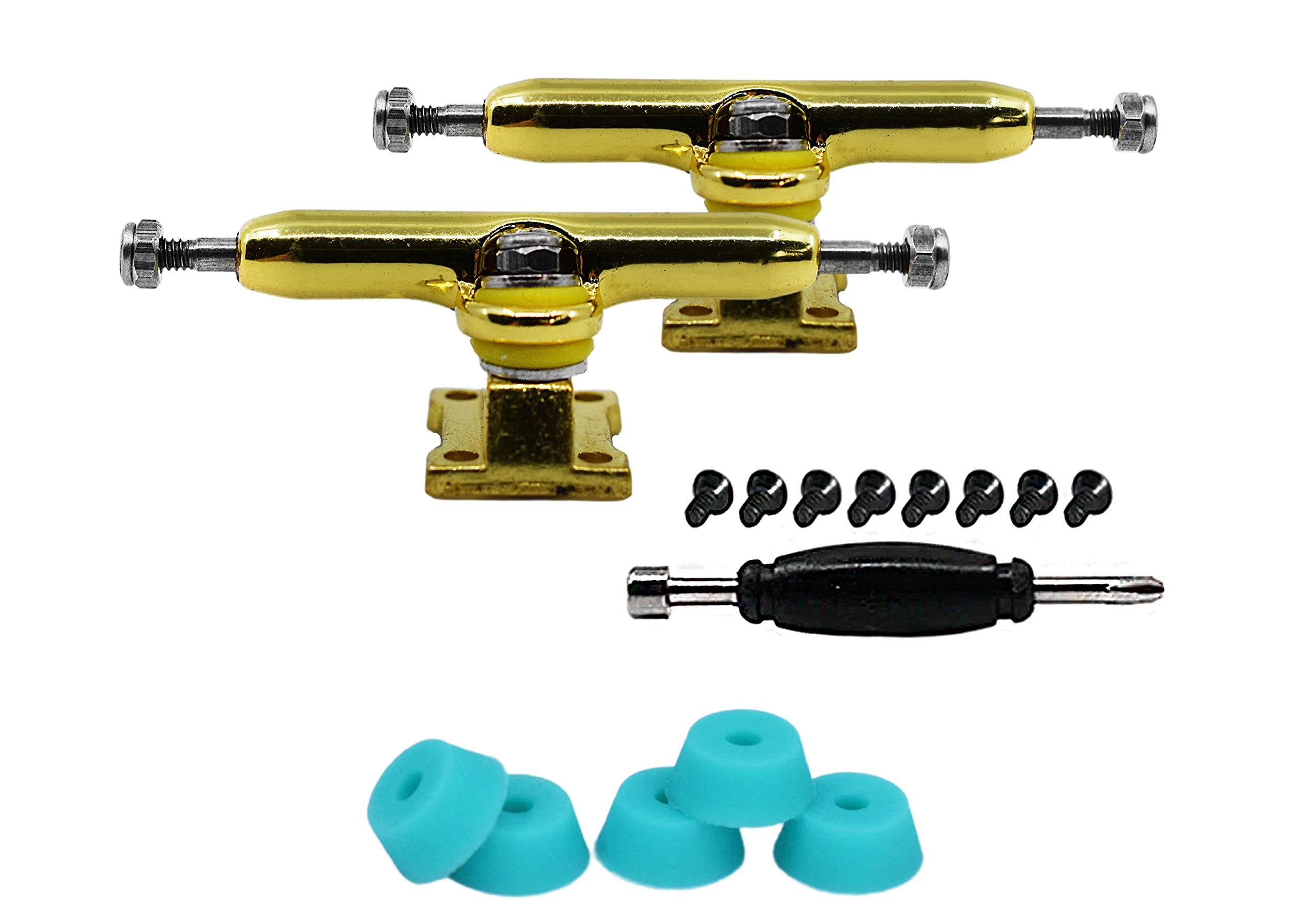 Teak Tuning Prodigy Fingerboard Trucks with Upgraded Lock Nuts, Gold Colorway - 32mm Wide - Includes Pro Duro 61A Bubble Bushings in Teak Teal