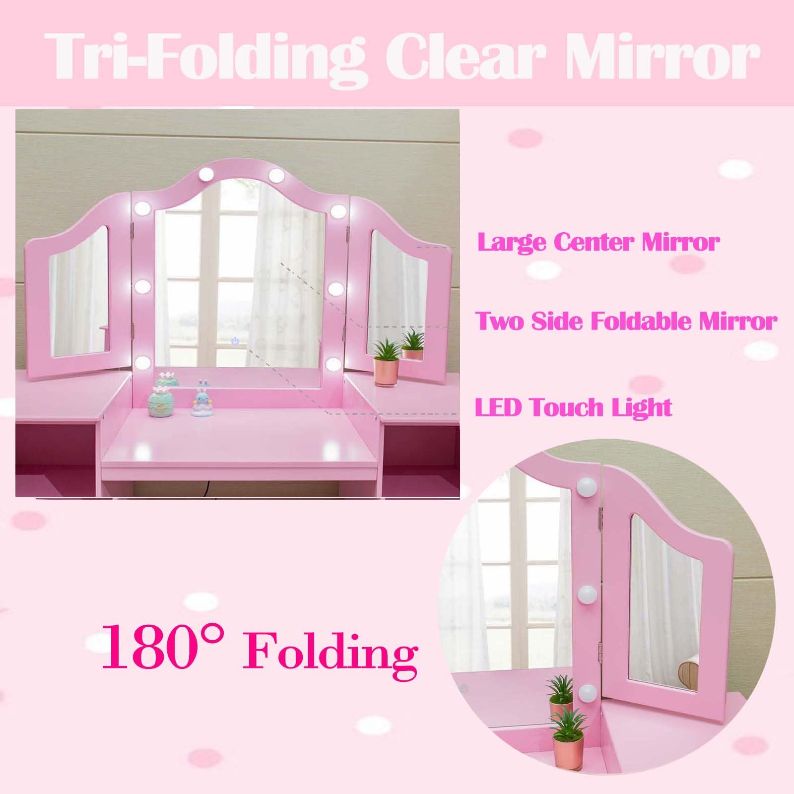 Kids Vanity Table, Girls Vanity Withtouch Light Detachable Tri-Folding Mirror, Open Storage Shelves, Wood Makeup Playset with Chair, Princess Vanity Table for Toddlers