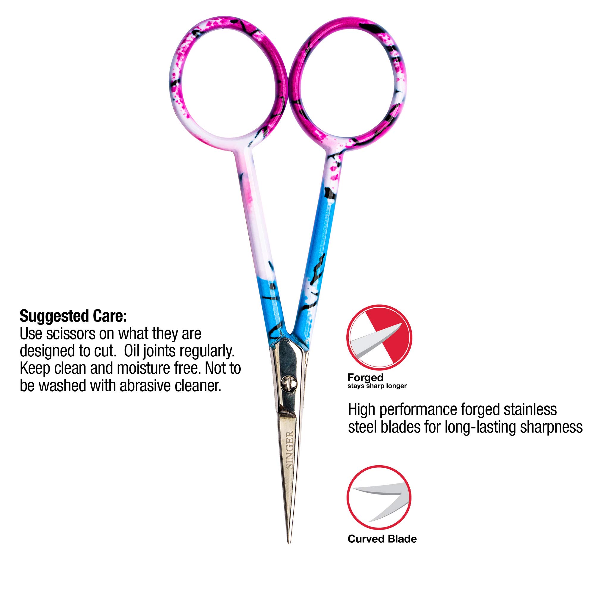 SINGER 4 Inch Forged Embroidery Scissors with Curved Tip for Sewing, Cross-Stitching, Crafts, & More (White Floral & Pastel Print, 2-Pack)