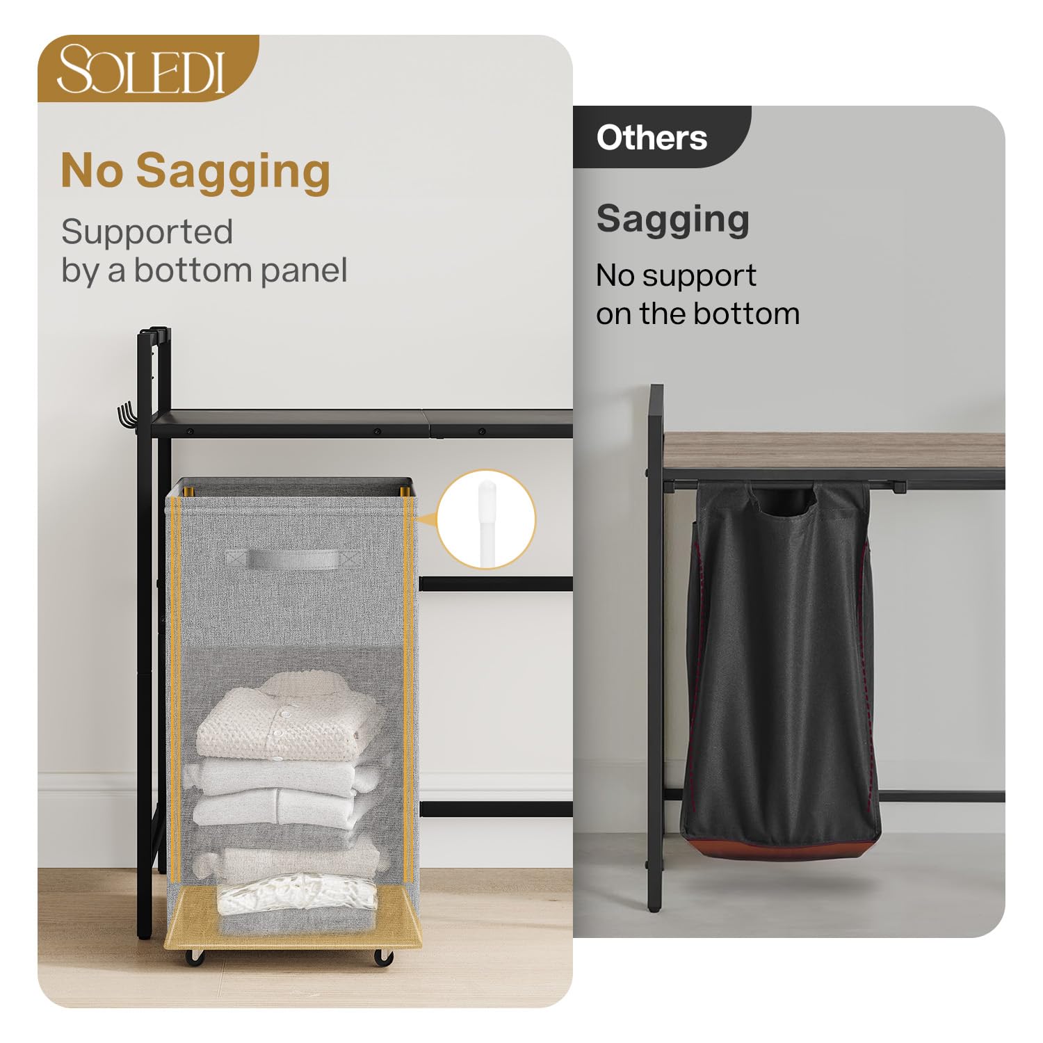 SOLEDI Double Laundry Hamper with Shelf, Rolling Laundry Basket with Wheels, Metal Frame Laundry Sorter Organizer, 120L Large Clothes Hamper for Laundry Room Bathroom Brown