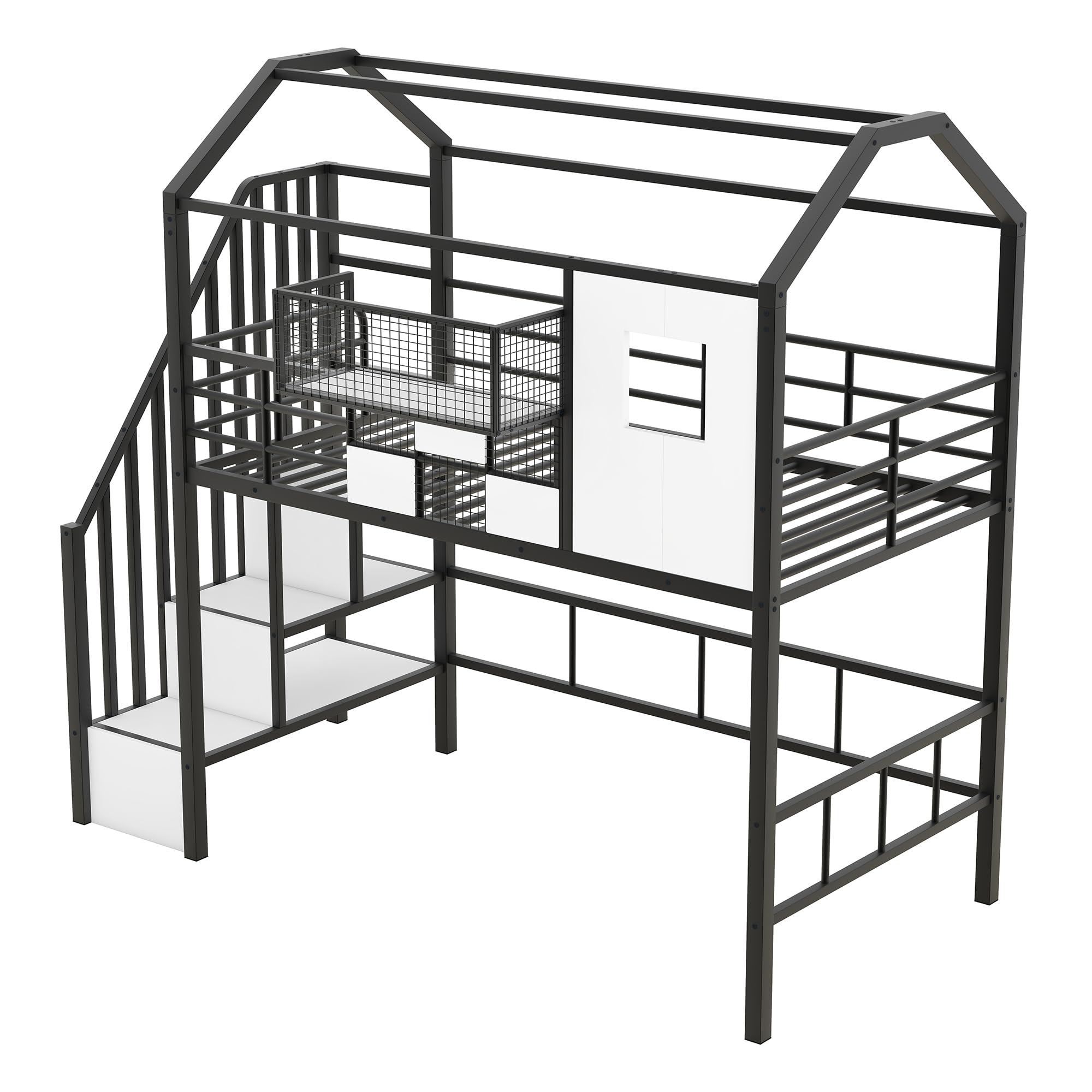 Merax Loft Bed Full Size with Storage Grid, Metal Loft Bed with Lateral Shelf Ladder, for Adults and Teens, Black