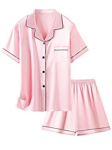 Silk Pajamas for Women, 2 Pcs Comfy Sleepwear Short Sleeve Button Down Sexy Satin Summer Soft Pjs Set, Pink, Medium
