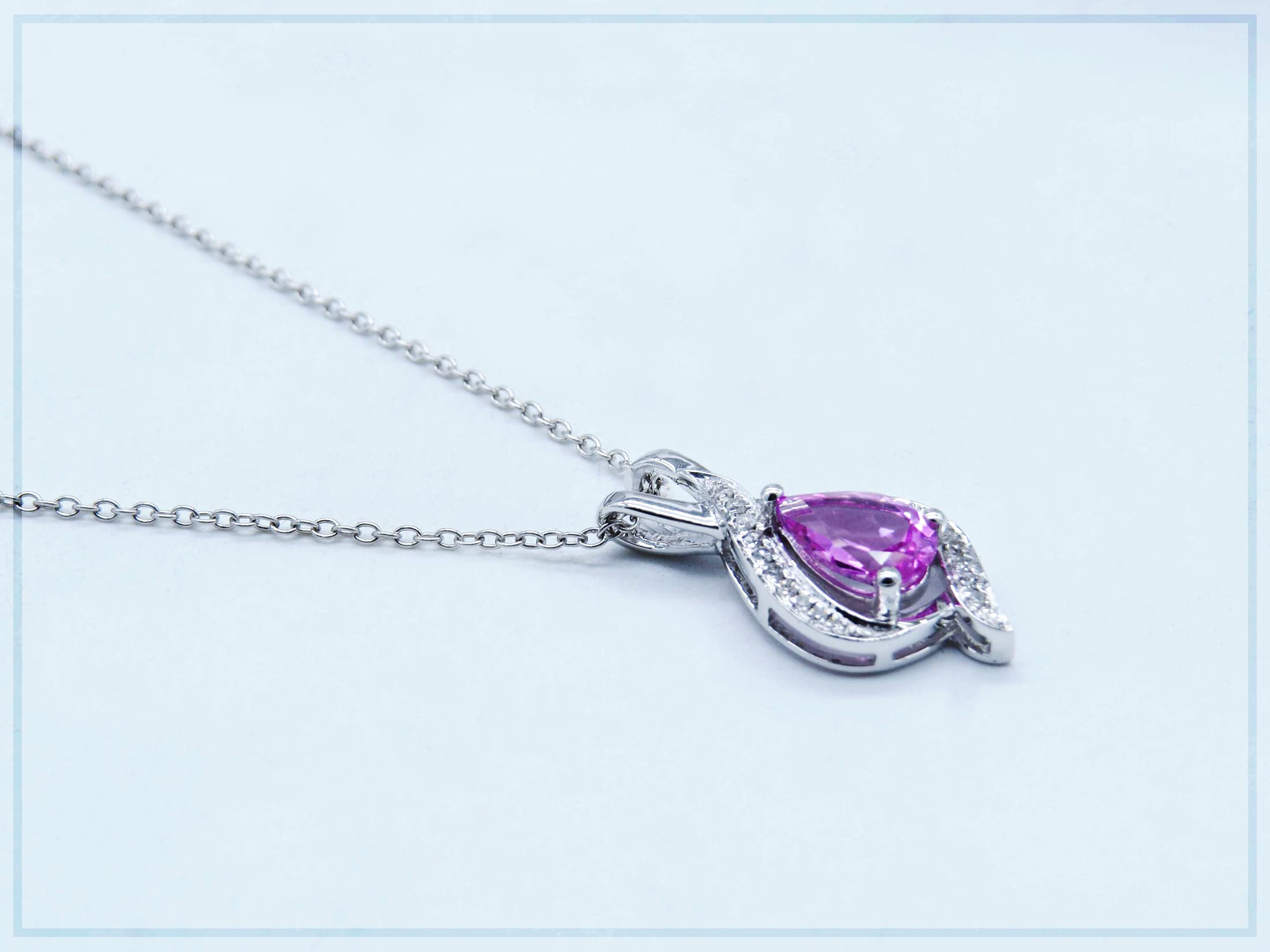 Dazzlingrock Collection 9x6 mm Pear Lab Created Pink Sapphire & Round White Diamond Swirl Teardrop Pendant with 18 inch Silver Chain for Women in 14K White Gold