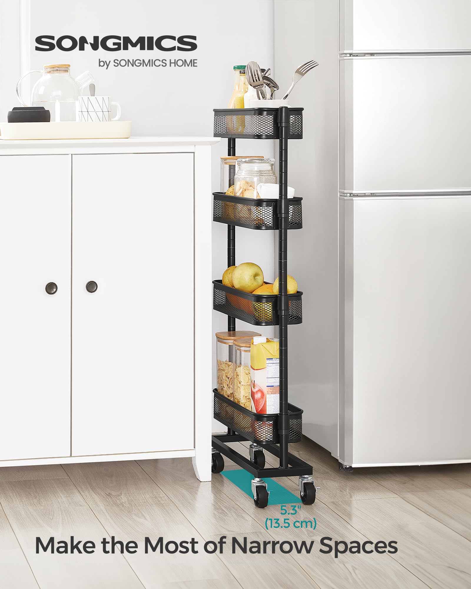 SONGMICS Slim Storage Cart, 4-Tier Metal Rolling Cart with Wheels, Flexible Baskets, Narrow Cart for Kitchen, Bathroom, Laundry Room, Easy Assembly, Black UBSC065B01