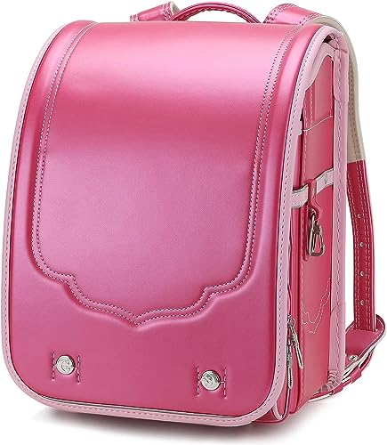 Ransel Randoseru Semi-Automatic Backpack Japanese School Bags for Kids Girls Senior PU Leather Large Capacity Light Weight Rain Cover(Pink)