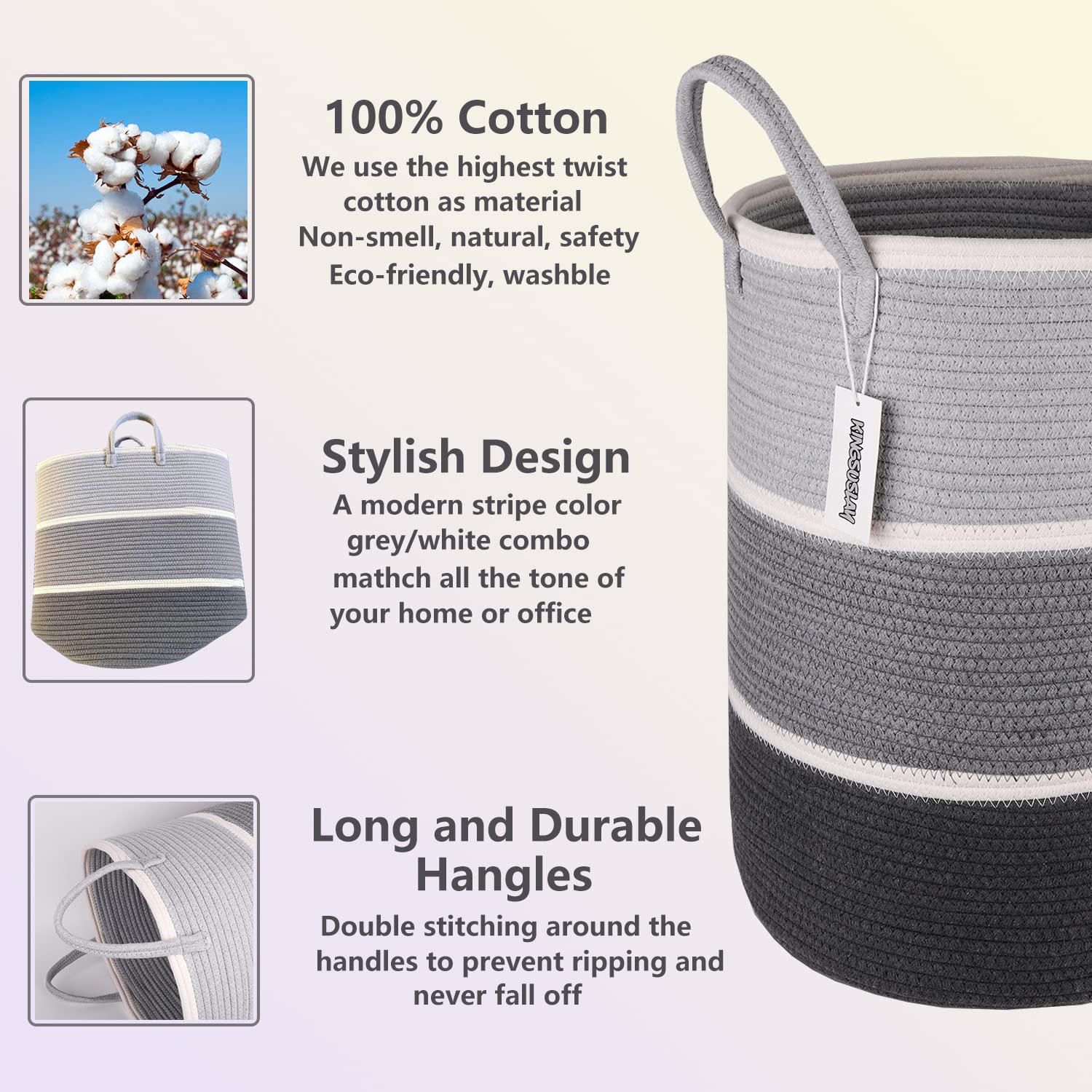 KINGSUSLAY Laundry Hamper, Laundry Basket,Tall Woven Baskets for Blanket storage,Toys,Pillows, Christmas Gifts, Extra Large Nursery Hampers for Laundry(Grey with White-12"x16" Inch)