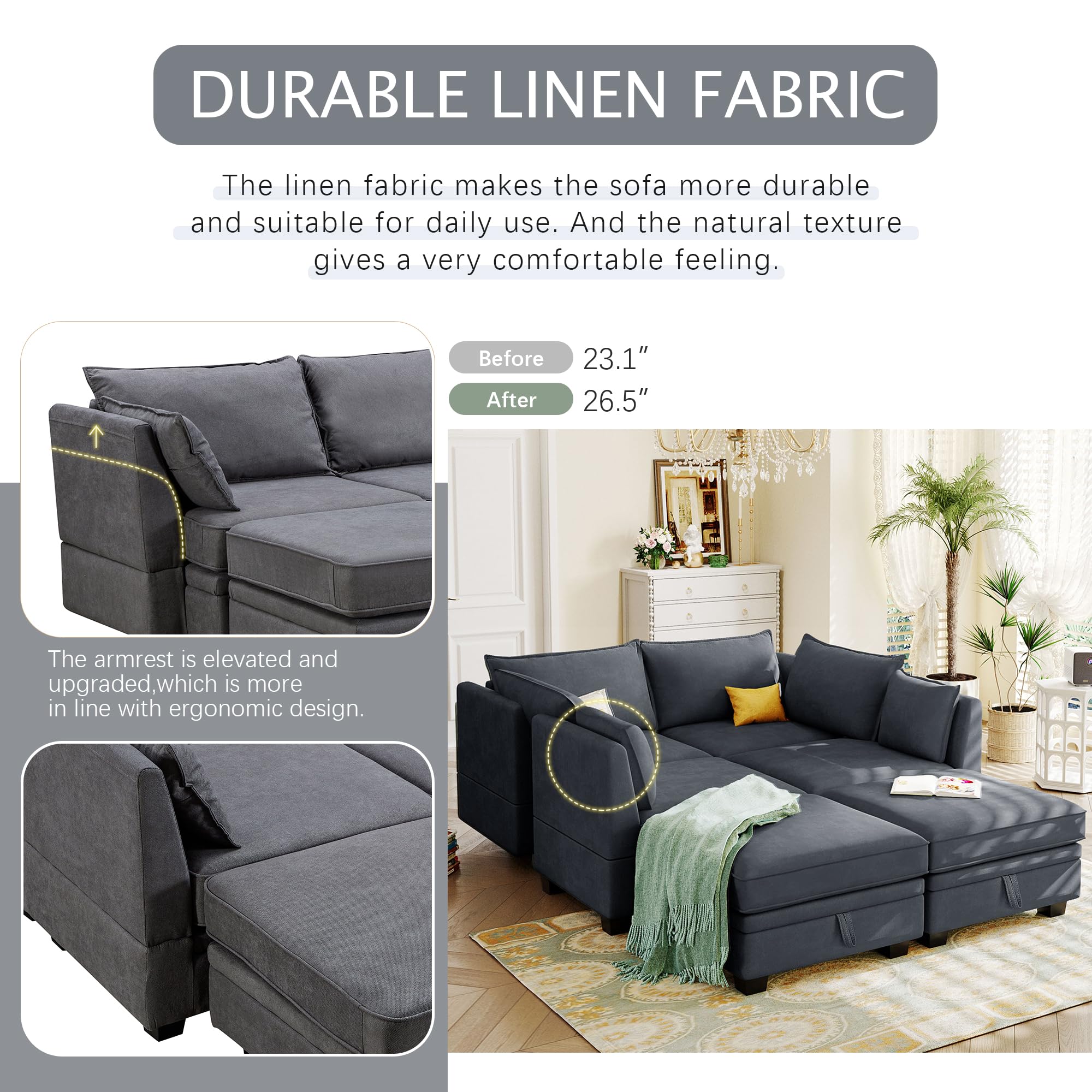 Merax Modular Sectional, Convertible Sofa Bed with Reversible Chaise for Living Room, Dark Gray