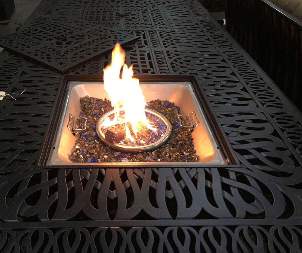 Sunvuepatio 7 Piece Outdoor Cast Aluminum Dining Set with Fire Pit Table All Swivel Rocker Chairs.