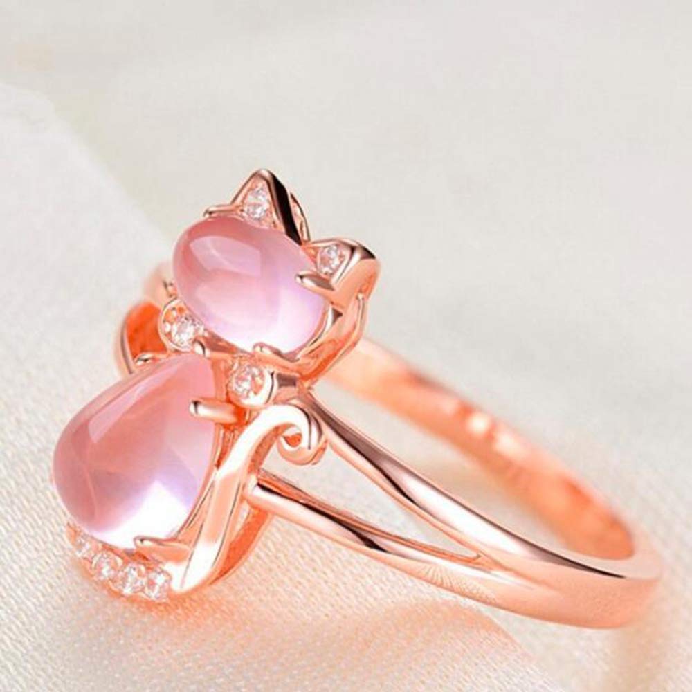 COLORFUL BLING Rose Gold Pink Fleurstone Cat Rhinestones Animal Ring Women Kids(7)