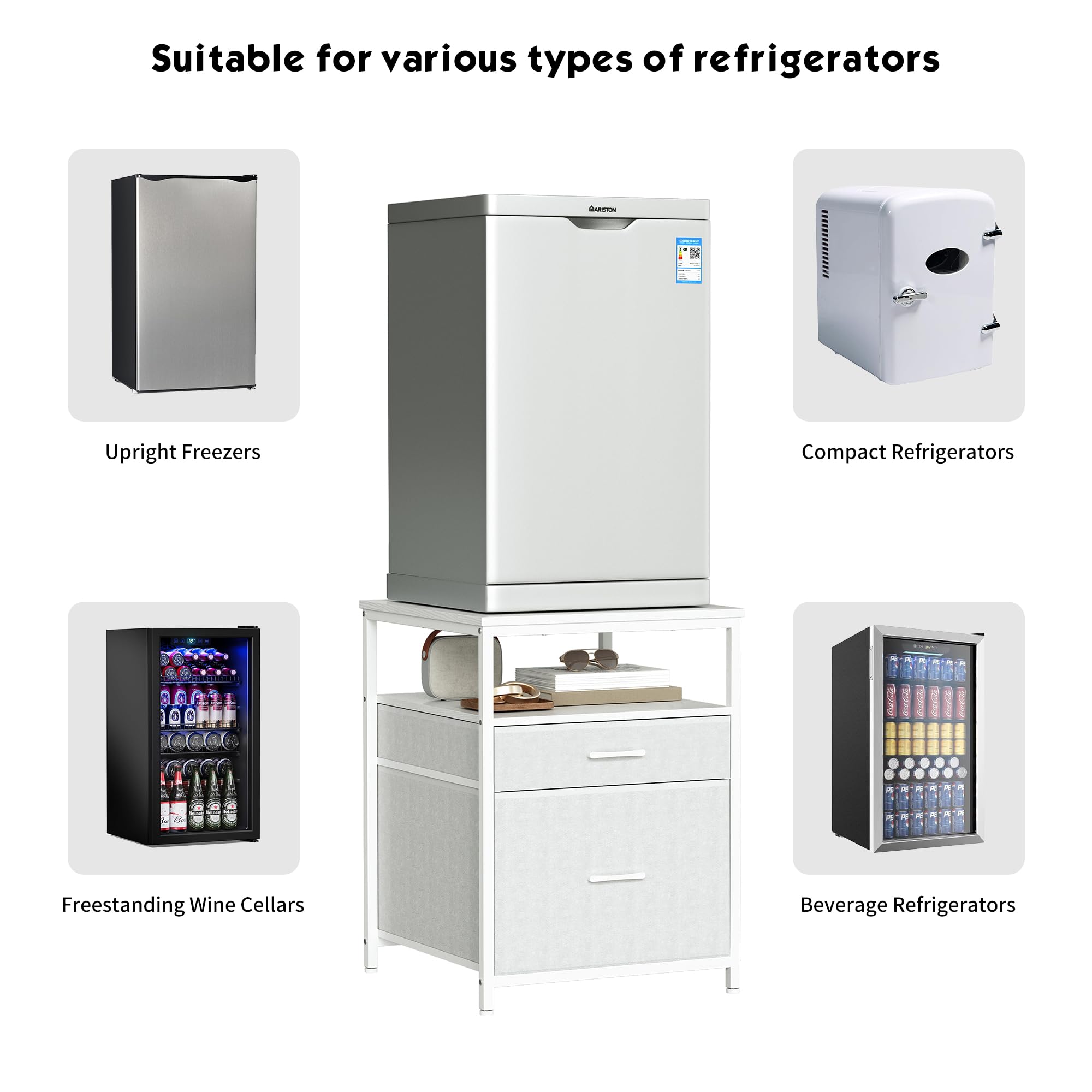 Herture Mini Fridge Stand with 3 Storage, Mini Fridge Cabinet, Beverage Fridge Table, Heavy Duty 21.3" L* 22.7" W Tabletop, for Dorm, Apartment,Office, Bedroom White HB01BXW