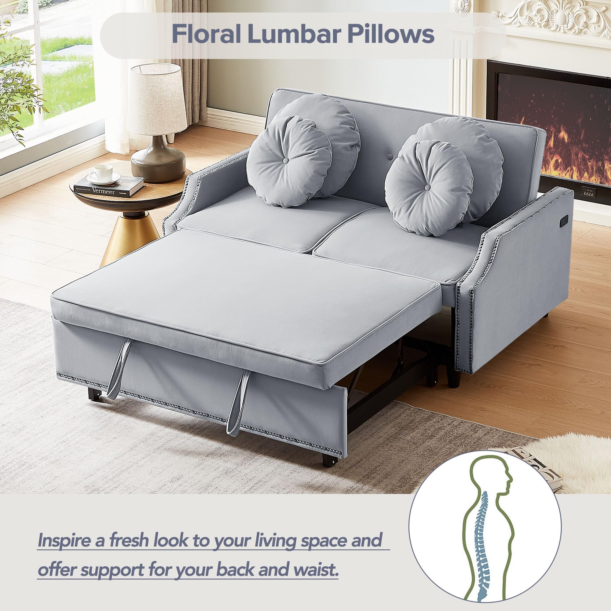 Merax Pull-Out Sofa Bed with a Button Tufted Adjustable Backrest and 4 Lumbar Pillows, 2 Seat Loveseat Lounge with USB Ports, 3 in 1 Convertible Sleeper Couch for Living Room, 54.7", Coffee