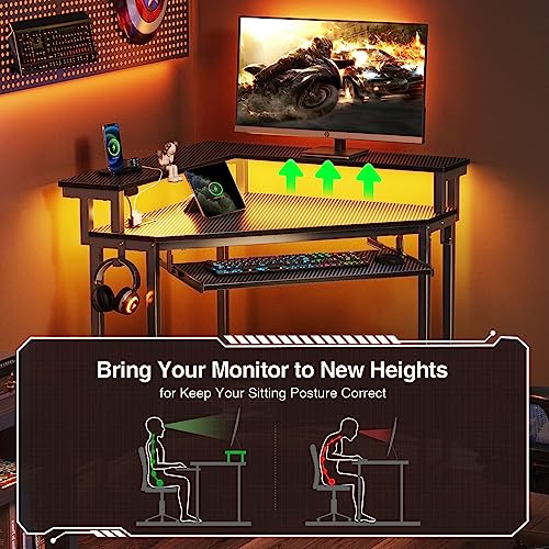 Rolanstar Corner Desk, 44.5" W x 34.5" H Small Carbon Fiber Computer Desk with Power Outlets, LED Lights and Keyboard Tray, Small Office Computer Desk with Monitor Stand for Small Space, Carbon Black