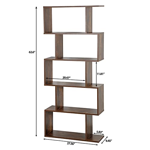 ZENY Geometric Bookcase, 5-Tier Bookshelf, S-Shaped Display Shelf and Room Divider, Freestanding Decorative Storage Shelving for Home Office, Rustic Brown