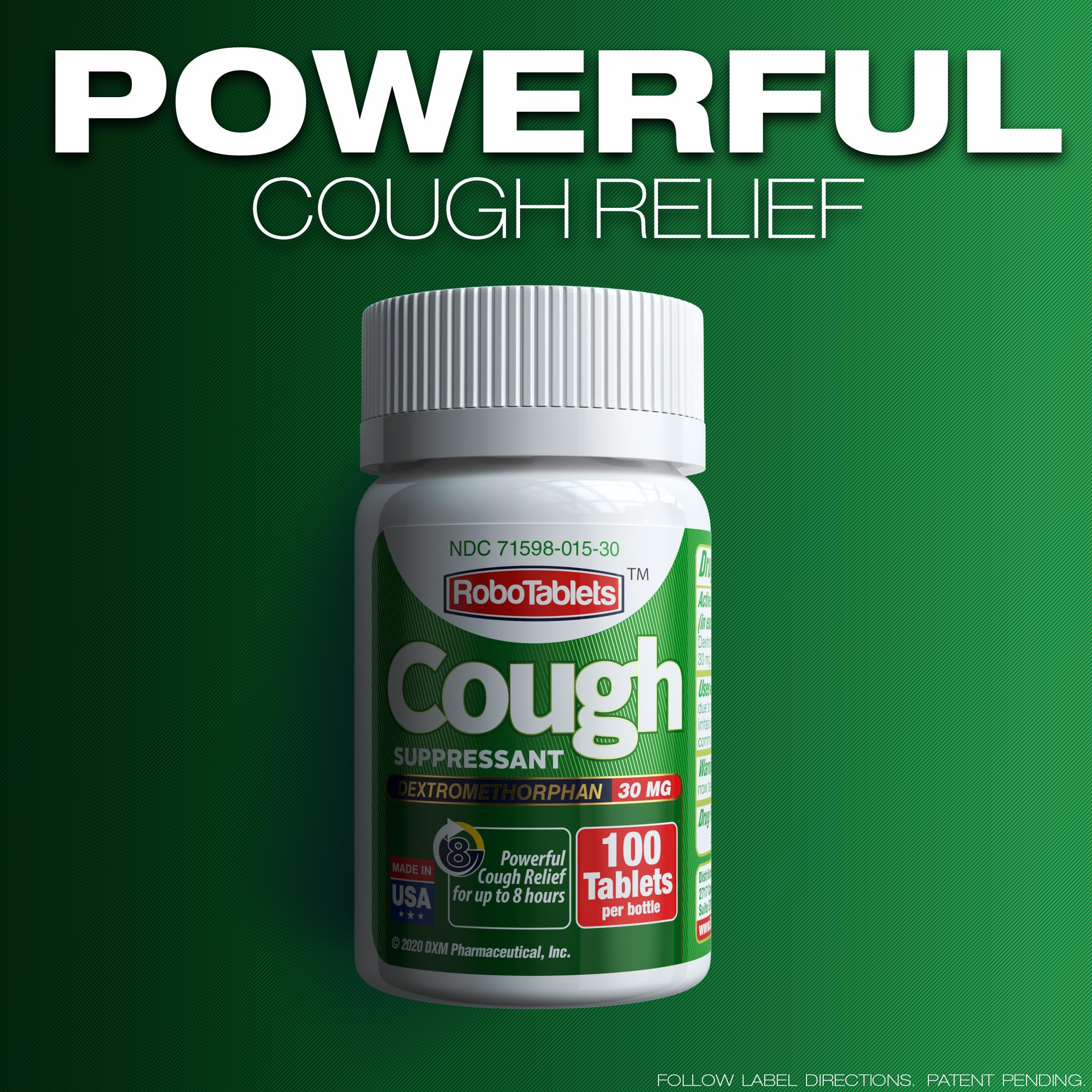 RoboTablets Cough Suppressant, Dextromethorphan 30mg, 100 Doses, 100 Tablets, 5mm Diameter Tablets for Cough Relief