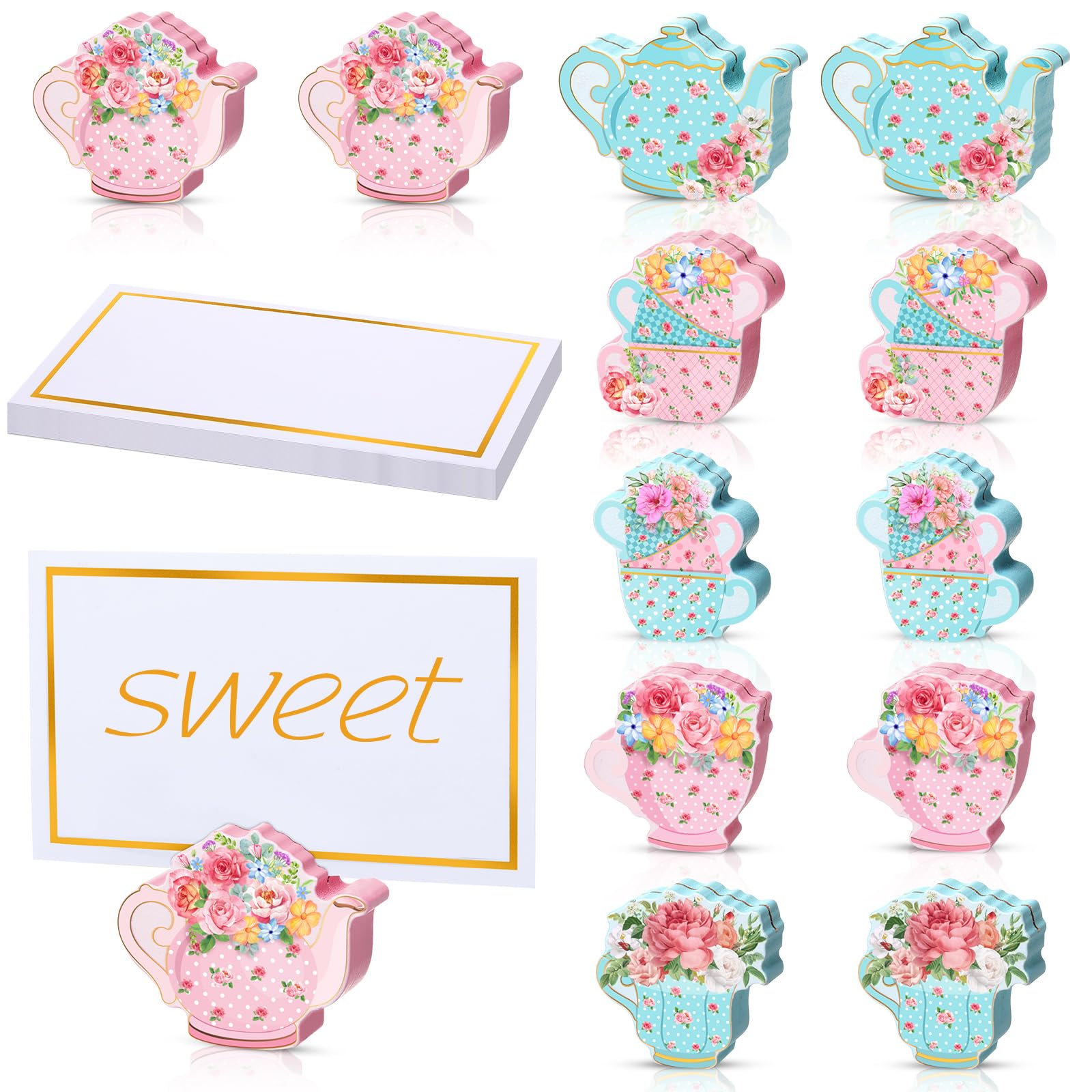 Kigley 18 Pcs Teapot Wooden Place Card Holder with 25 Pcs Gold Foil Card Tea Floral Party Wooden Table Sign Teapot Picture Number Sign Stands Holder for Wonderland Tea Party Baby Shower (Stylish)