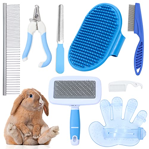 Rabbit Grooming Kit, Rabbit Brush, Small Animal Pets Grooming Kits Include Pet Grooming Shedding Slicker Brush, Bath Massage Glove Brush, Nail Clipper, Flea Comb, Pet Double-Sided Comb for Rabbits Guinea Pigs Hamster Bunny (blue)
