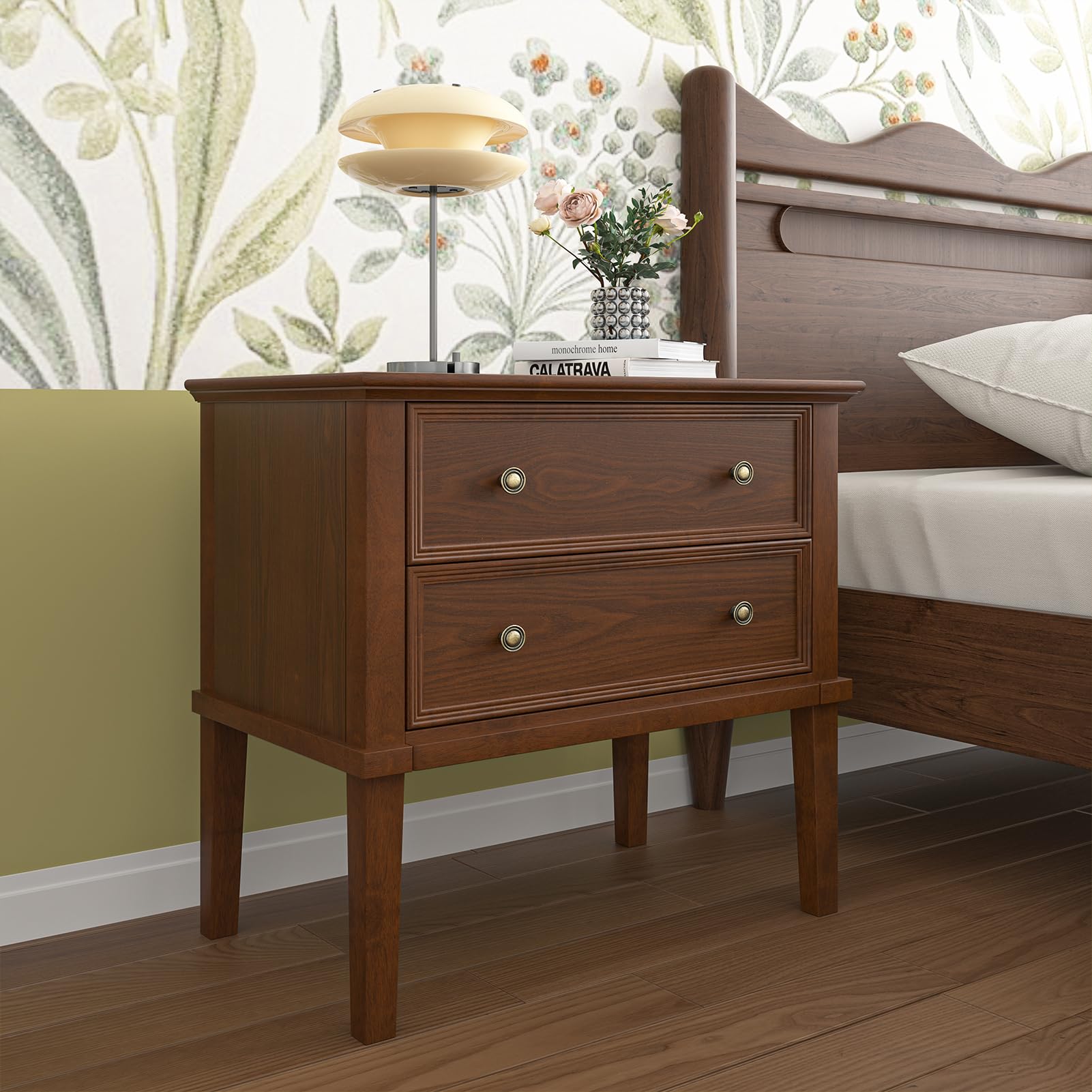 IKENO Solid Wood Nightstand with 2 Drawers, Practical Bed Side Table/Night Stand, End Table with 2 Drawers for Bedroom or Living Room (Caramel)