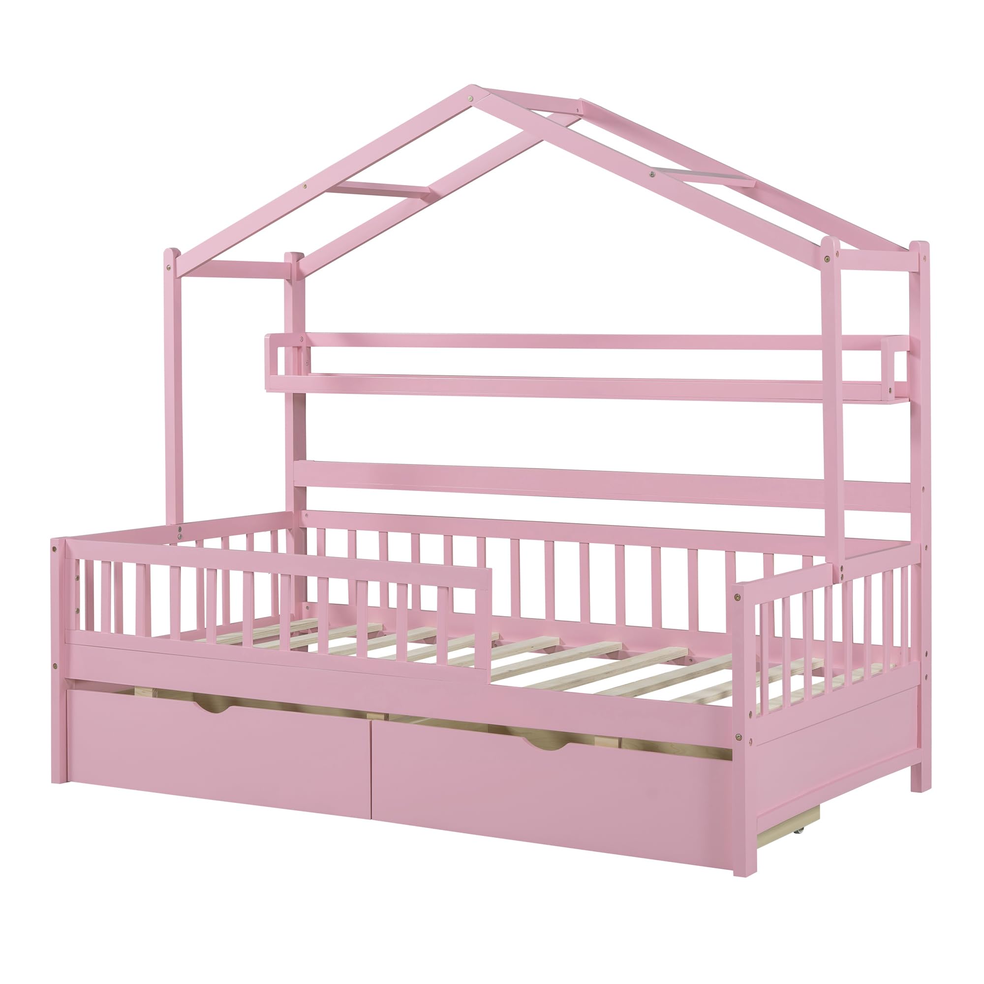 Merax Twin Bed Frames with 2 Drawers Storage Shelf Guardrail, Wooden House Shaped Platform Bed for Kids, No Box Spring Needed