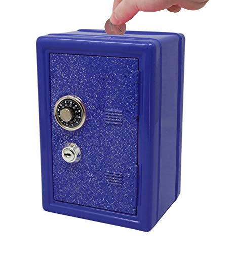 Kids Safe Bank, Made of Metal, with Key and Combination Lock, (Blue)