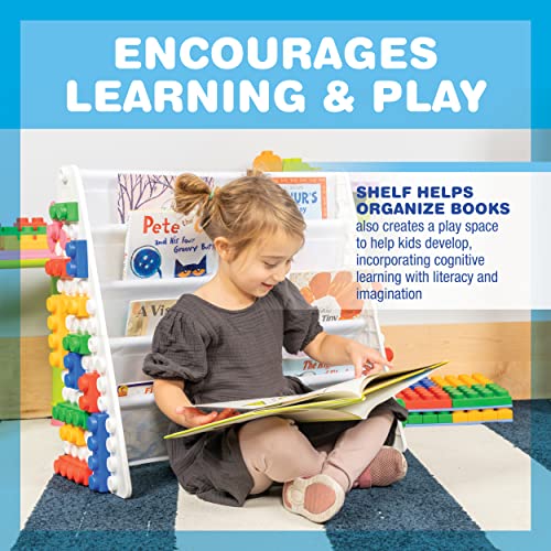 UNiPLAY Kids 4-Tier Book Storage Organizer with Sling Book Pockets, Plastic Sling Rack Bookshelf for Playroom, Fits Blocks, White