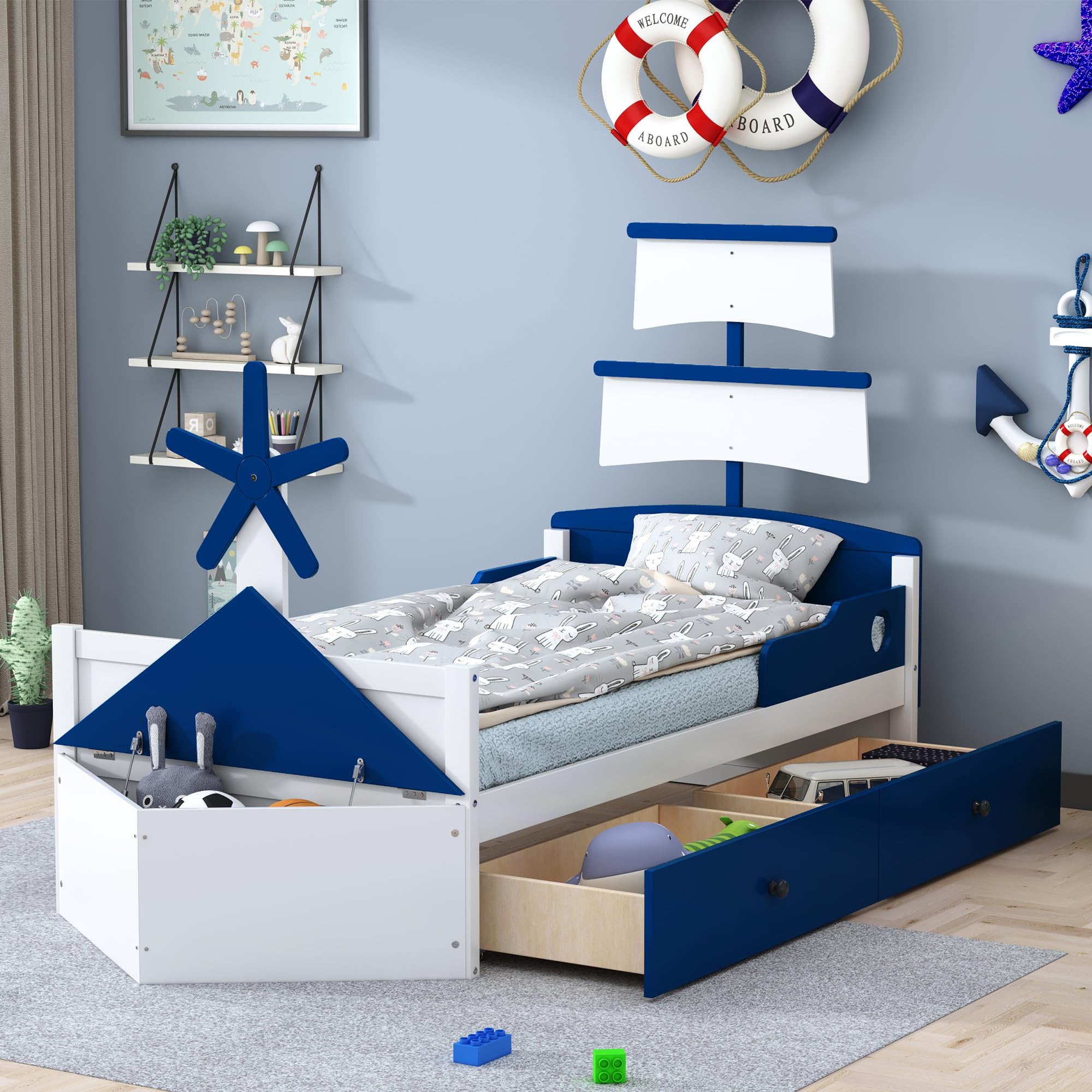 Merax, White+Blue Kids Sailboatboat-Shaped Frame with 2, Wood Platform Bed with Storage Ottoman,Easy Assemble, Twin w/Drawers