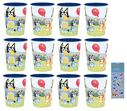Unique Bluey Birthday Party Supplies Bundle Pack includes 12 Reusable Plastic Cups and 1 Esave Dinosaur Sticker Sheet