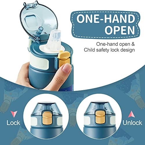 Kids Water Bottle 16 oz Stainless Steel 18/10 Vacuum Insulated Water Bottle Wide Mouth Flask with Leak proof Straw Lid for School Blue