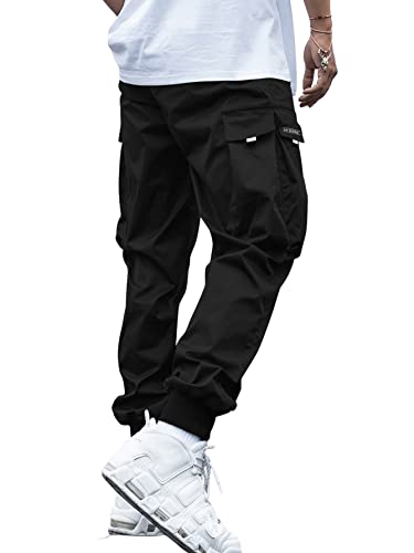 Romwe Men's Flap Pocket Drawstring Elastic Waist Letter Graphic Street Cargo Pants Black XL